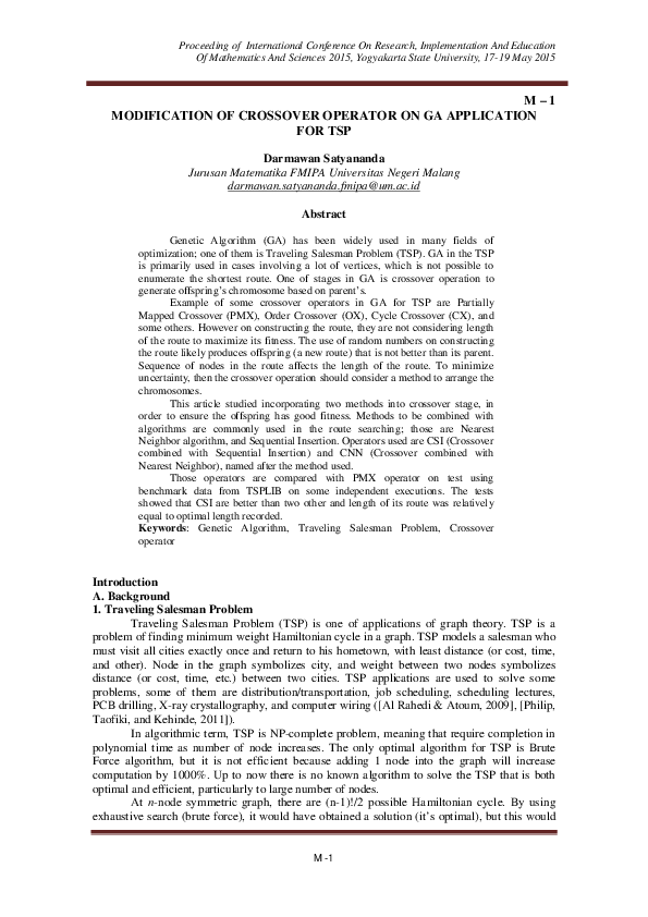 (PDF) Modification of Crossover Operator on Ga Application for TSP