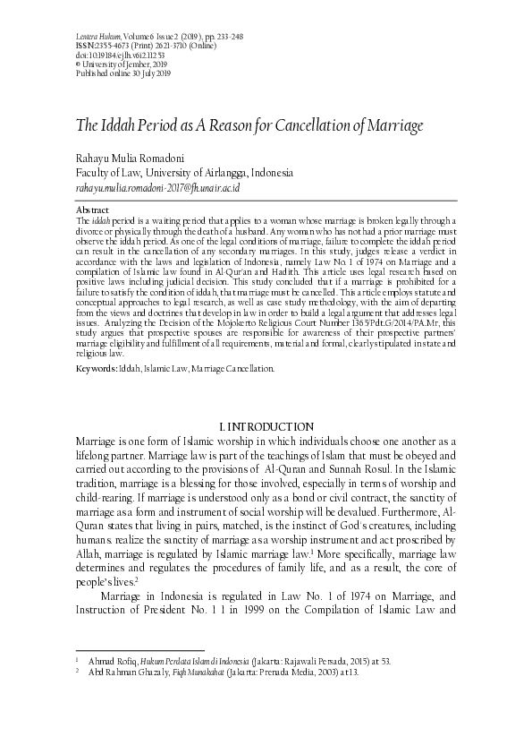 (PDF) The Iddah Period as A Reason for Cancellation of Marriage