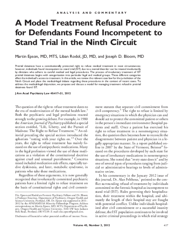 (PDF) A model treatment refusal procedure for defendants found ...