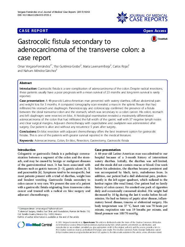 (PDF) Gastrocolic fistula secondary to adenocarcinoma of the transverse ...