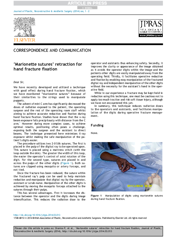(PDF) ‘Marionette sutures’ retraction for hand fracture fixation