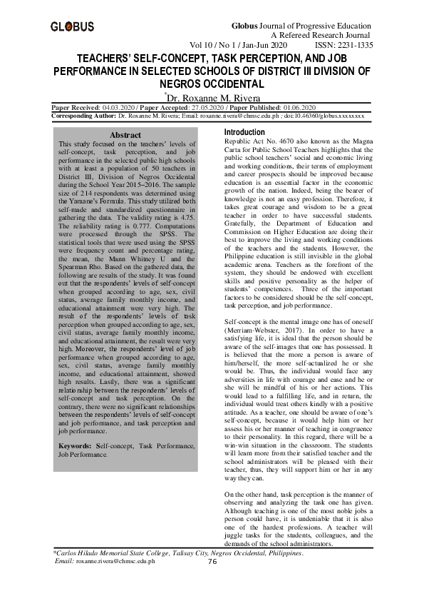 (PDF) Teachers’ Self-Concept, Task Perception, and Job Performance in ...