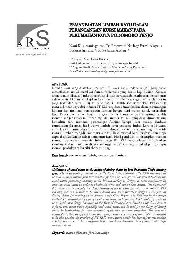 (PDF) Pemanfaatan Limbah Kayu dalam Perancangan Kursi Makan pada Perumahan Kota Podomoro Tenjo