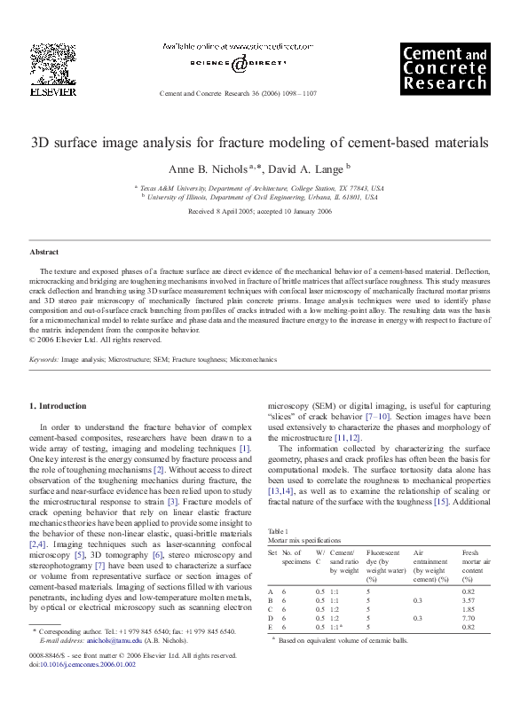 (PDF) 3D surface image analysis for fracture modeling of cement-based materials