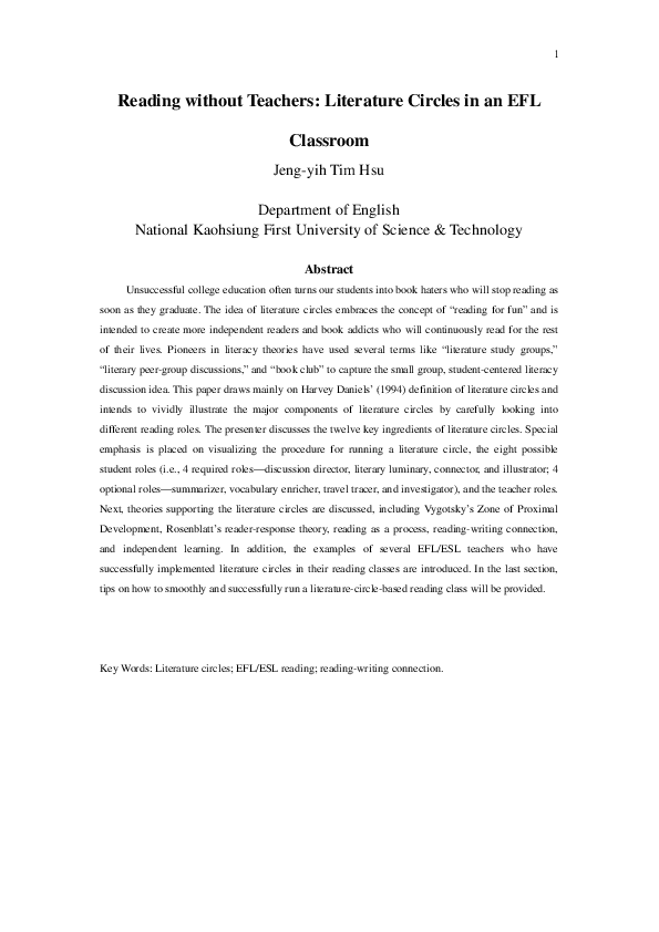 (PDF) Reading without Teachers: Literature Circles in an EFL Classroom