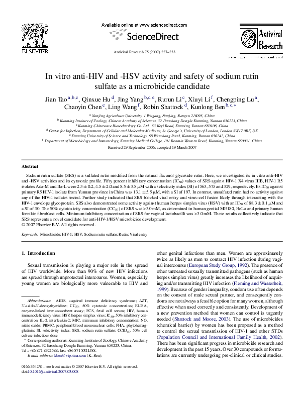 (PDF) In vitro anti-HIV and -HSV activity and safety of sodium rutin sulfate as a microbicide ...