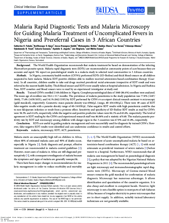 (PDF) Malaria Rapid Diagnostic Tests and Malaria Microscopy for Guiding ...