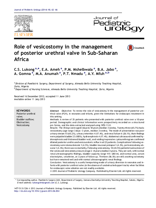 (PDF) Role of vesicostomy in the management of posterior urethral valve ...