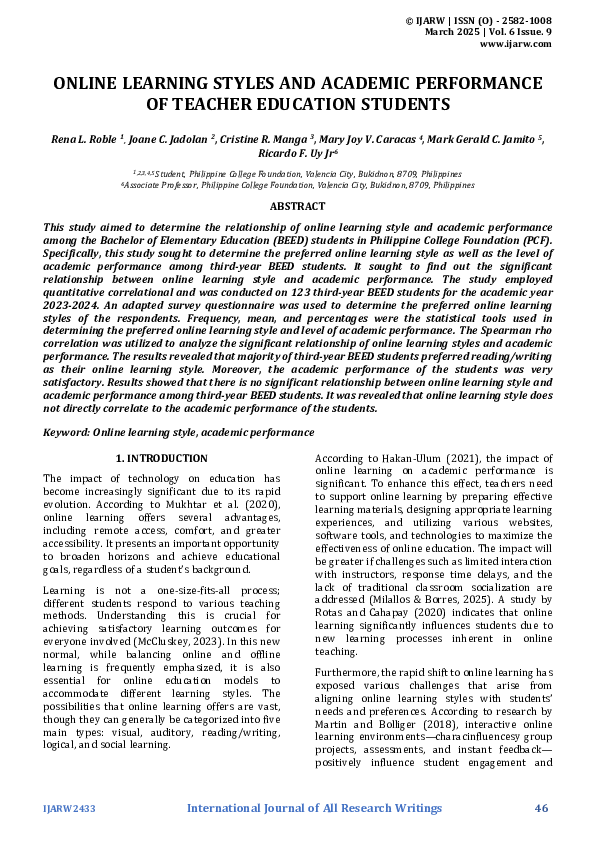 (PDF) ONLINE LEARNING STYLES AND ACADEMIC PERFORMANCE OF TEACHER ...