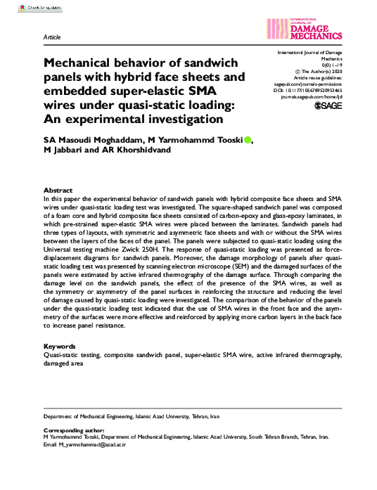 (PDF) Mechanical behavior of sandwich panels with hybrid face sheets and embedded super-elastic ...