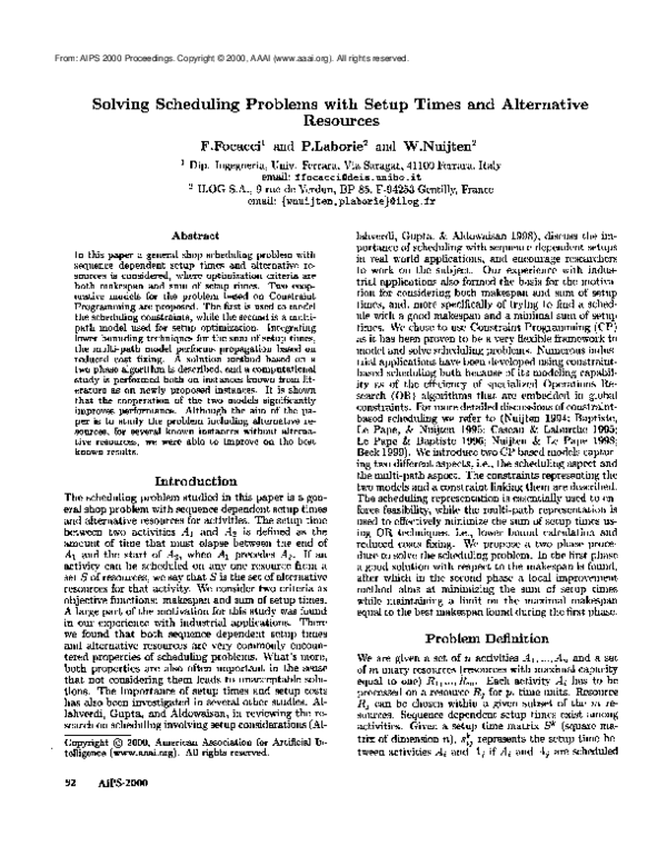 (PDF) Solving scheduling problems with setup times and alternative resources