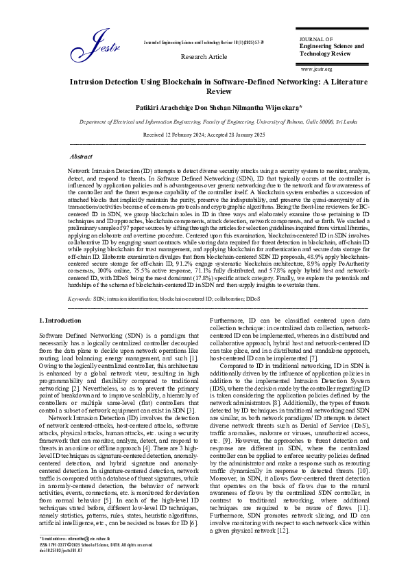 Pdf Intrusion Detection Using Blockchain In Software Defined
