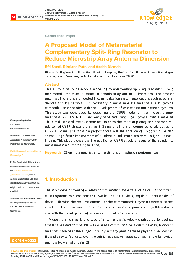 (PDF) A Proposed Model of Metamaterial Complementary Split- Ring Resonator to Reduce Microstrip ...