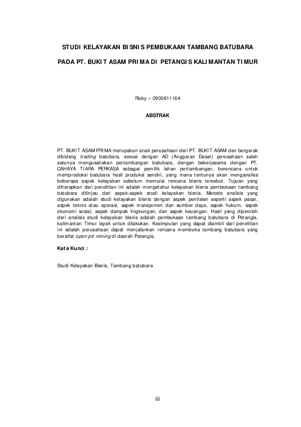 (PDF) Studi Kelayakan Bisnis Pembukaan Tambang Batubara Pada Pt. Bukit ...