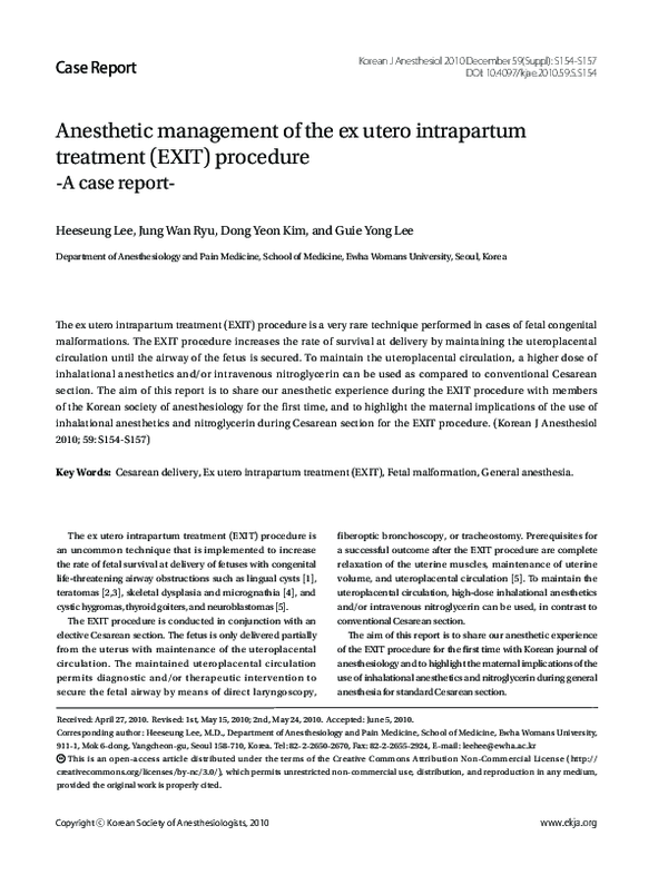 (PDF) Anesthetic management of the ex utero intrapartum treatment (EXIT ...