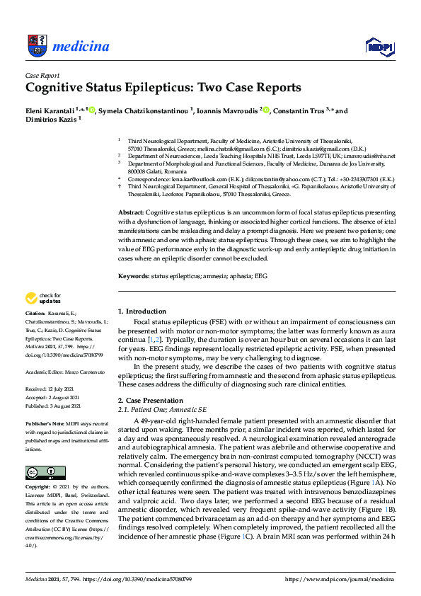 (PDF) Cognitive Status Epilepticus: Two Case Reports