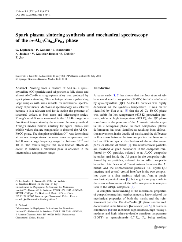 (PDF) Spark plasma sintering synthesis and mechanical spectroscopy of the ω-Al0.7Cu0.2Fe0.1 phase