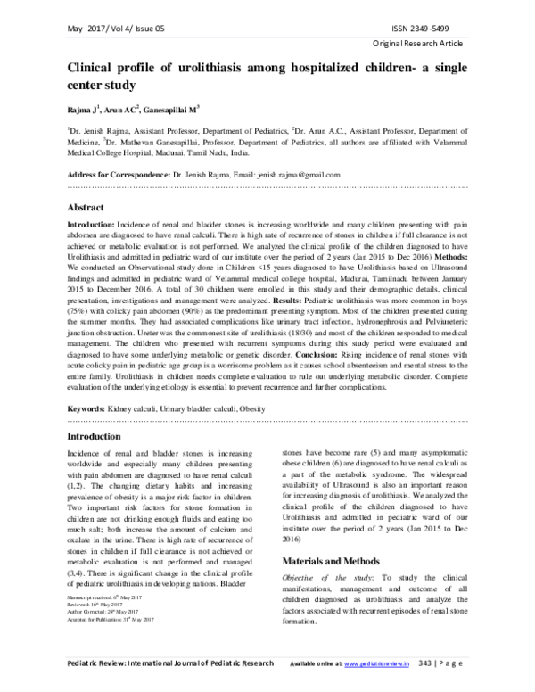 (PDF) Clinical profile of urolithiasis among hospitalized children- a ...