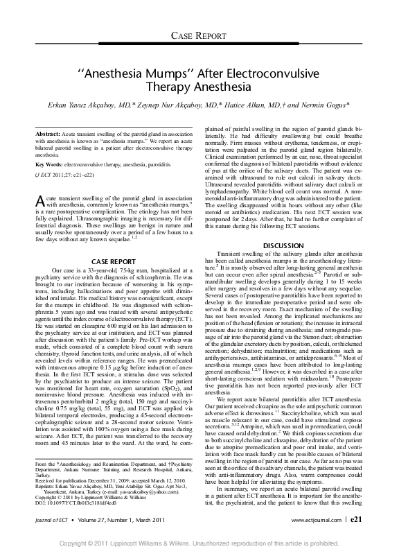 (PDF) Anesthesia Mumps" After Electroconvulsive Therapy Anesthesia