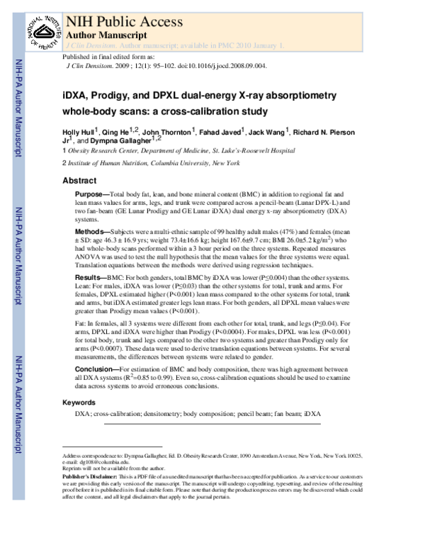(PDF) iDXA, Prodigy, and DPXL Dual-Energy X-ray Absorptiometry Whole ...