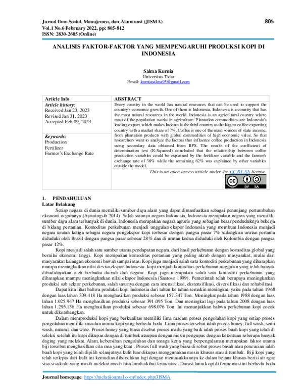 (PDF) ANALISIS FAKTOR-FAKTOR YANG MEMPENGARUHI PRODUKSI KOPI di INDONESIA