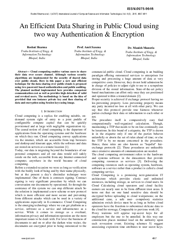 (PDF) An Efficient Data Sharing in Public Cloud using two way Authentication & Encryption