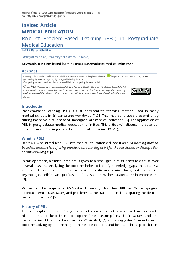 (PDF) MEDICAL EDUCATION Role of Problem-Based Learning (PBL) in ...
