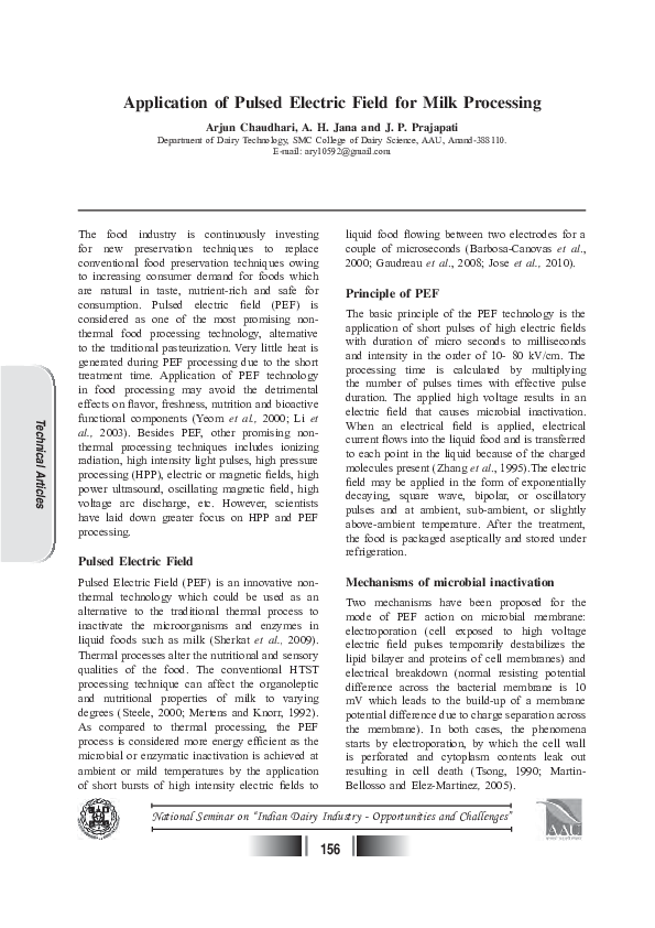 (PDF) Application of Pulsed Electric Field for Milk Processing