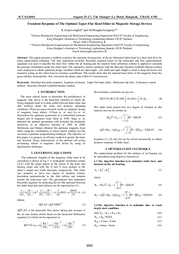 (PDF) Transient Response of The Optimal Taper-Flat Head Slider in Magnetic Storage Devices