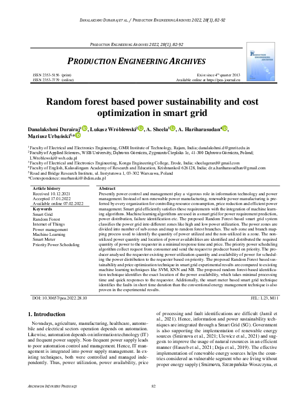 (PDF) Random Forest Based Power Sustainability and Cost Optimization in Smart Grid