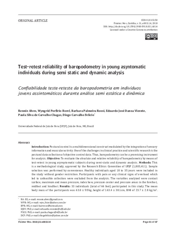 (PDF) Test-retest reliability of baropodometry in young asyntomatic ...