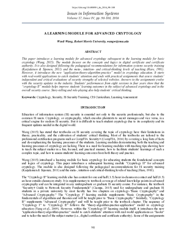 (PDF) A Learning Module for Advanced Cryptology