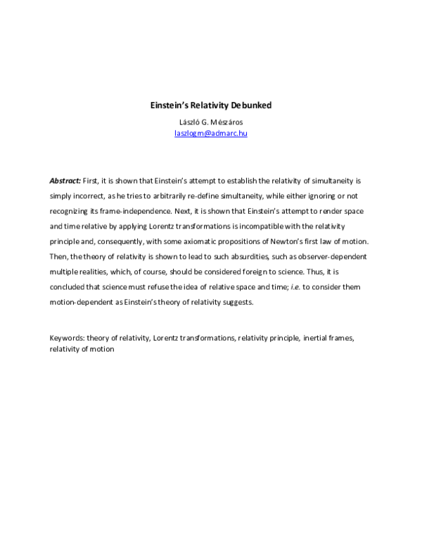 (PDF) Einstein's Relativity Debunked