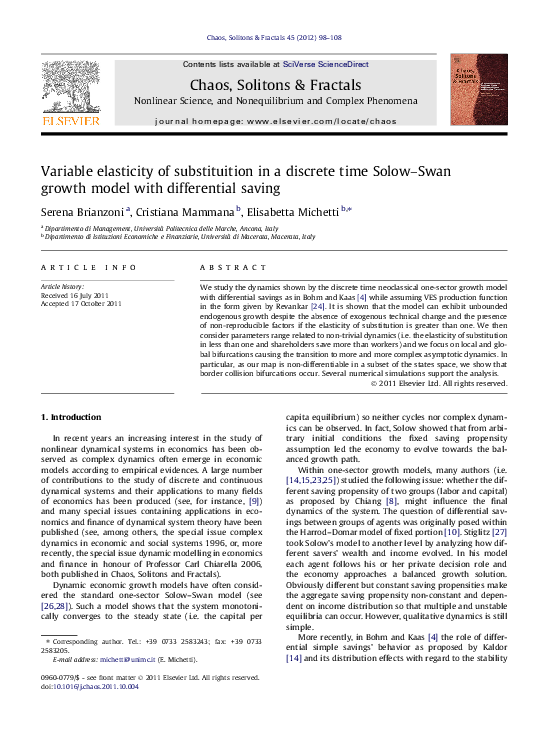 (PDF) Variable elasticity of substituition in a discrete time Solow ...