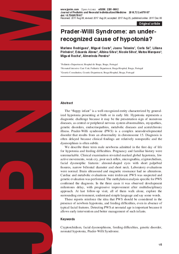 (PDF) Prader-Willi Syndrome: an under-recognized cause of hypotonia?