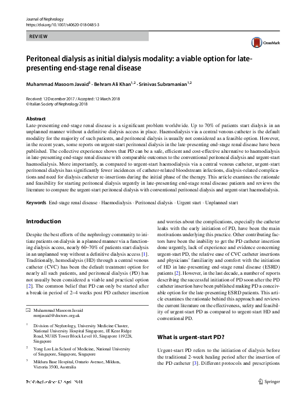 (PDF) Peritoneal dialysis as initial dialysis modality: a viable option ...