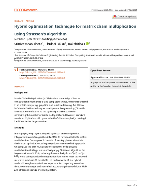 (PDF) Hybrid optimization technique for matrix chain multiplication using Strassen's algorithm