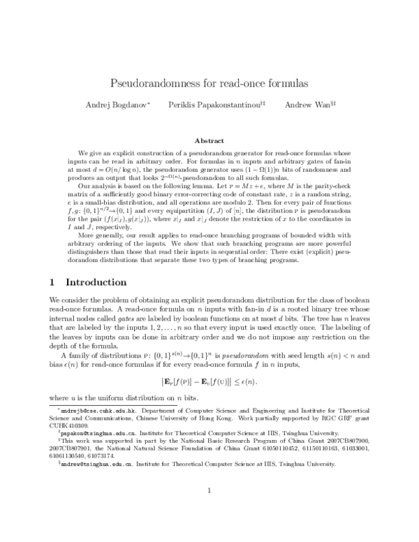 (PDF) Pseudorandomness for Read-Once Formulas