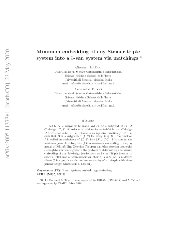 (PDF) Minimum embedding of any Steiner triple system into a 3-sun system via matchings