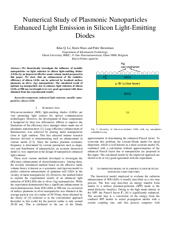 (PDF) Numerical study of plasmonic nanoparticles enhanced light ...