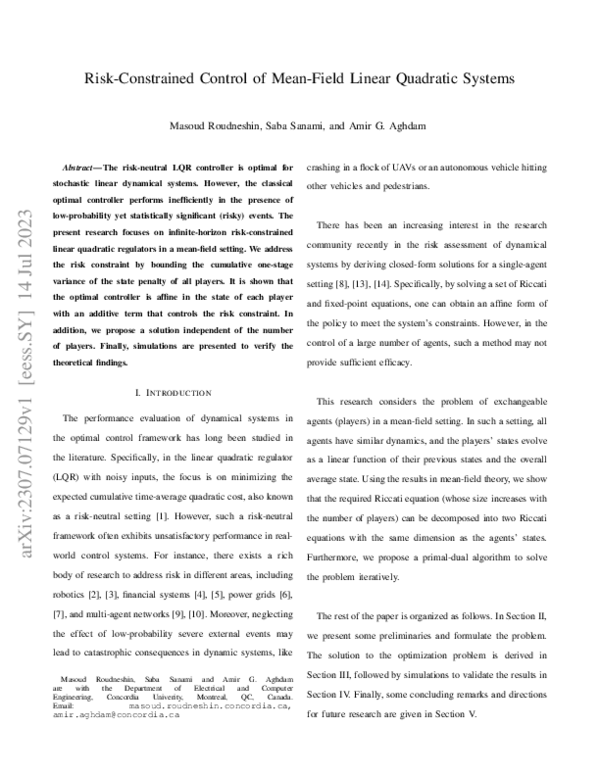 (PDF) Risk-Constrained Control of Mean-Field Linear Quadratic Systems