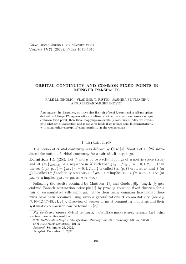 (PDF) Orbital Continuity and Common Fixed Points in Menger PM-Spaces