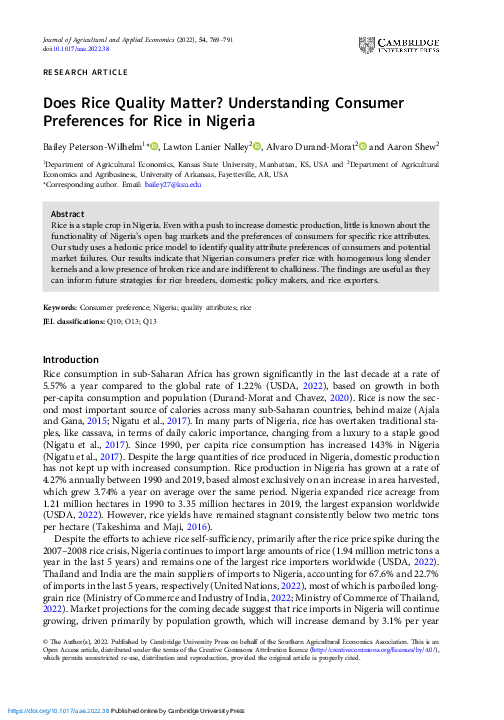 (PDF) Does Rice Quality Matter? Understanding Consumer Preferences for ...