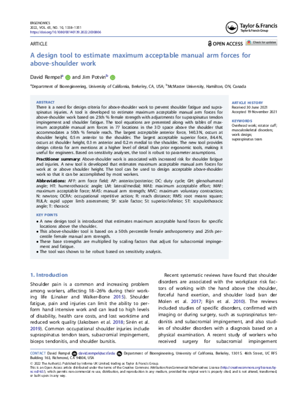 (PDF) A design tool to estimate maximum acceptable manual arm forces ...