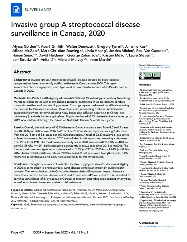 (PDF) Invasive group A streptococcal disease surveillance in Canada, 2020