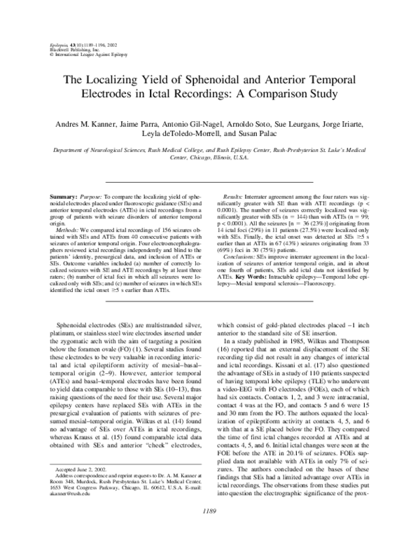 (PDF) The Localizing Yield of Sphenoidal and Anterior Temporal Electrodes in Ictal Recordings: A ...