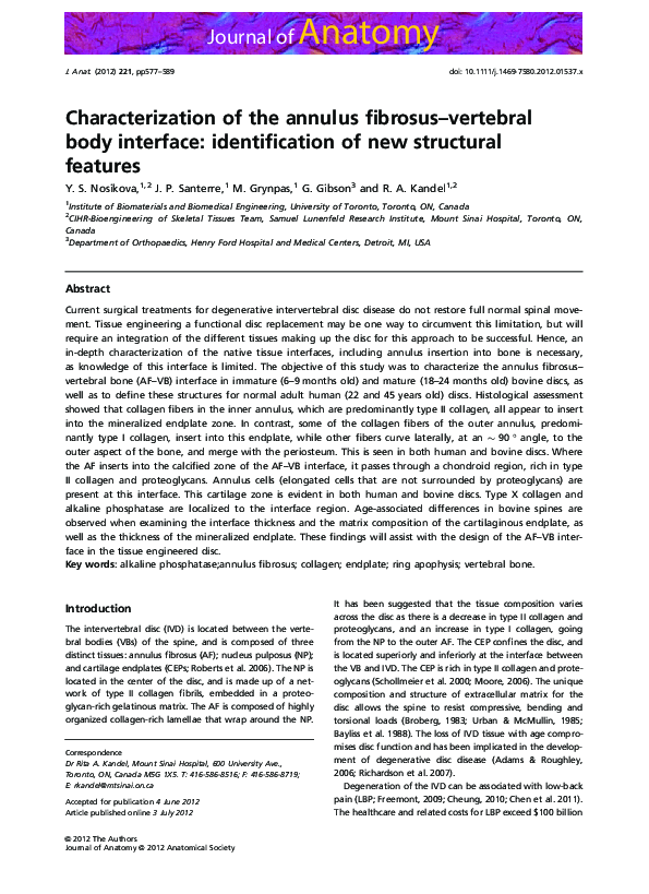 (PDF) Characterization of the annulus fibrosus–vertebral body interface ...
