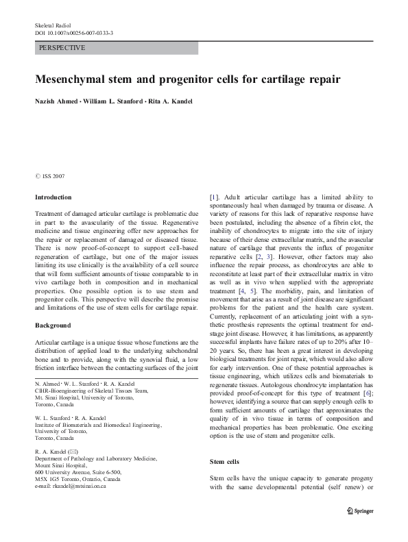 (PDF) Mesenchymal stem and progenitor cells for cartilage repair