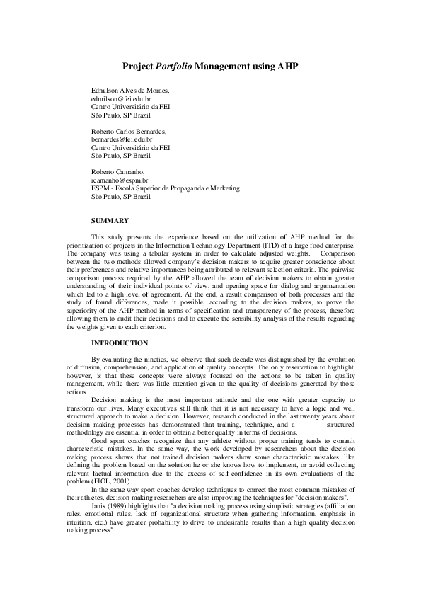 (PDF) Project Portfolio Management using AHP