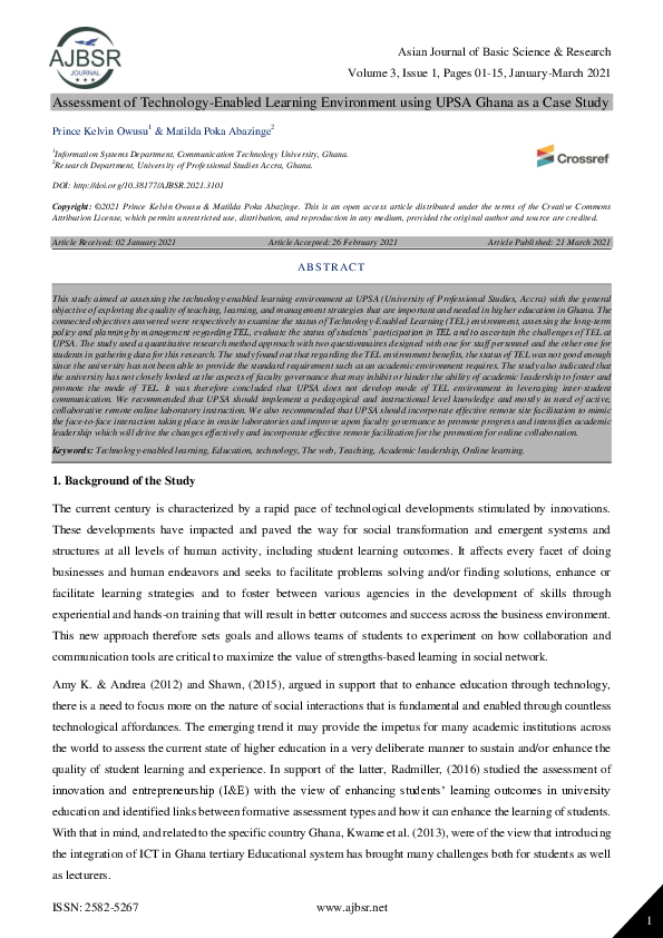 (PDF) Assessment of Technology-Enabled Learning Environment using UPSA Ghana as a Case Study
